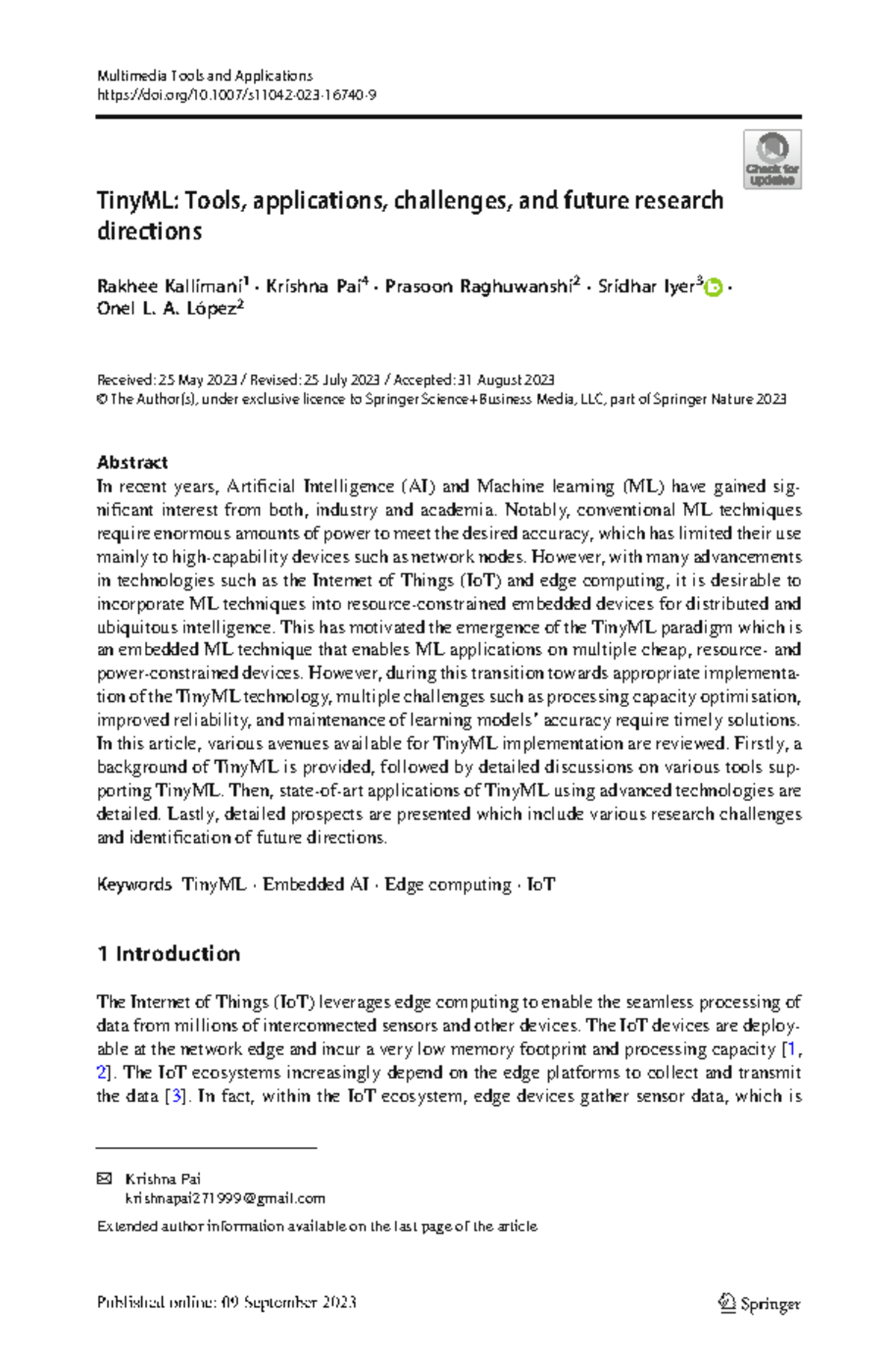 Tiny ML Survey: Tools, Applications, Challenges & Future Directions ...