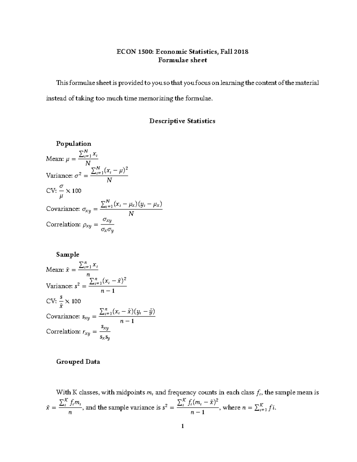 Formulae 2024 - Formula sheet for stats - ECON 1500: Economic ...