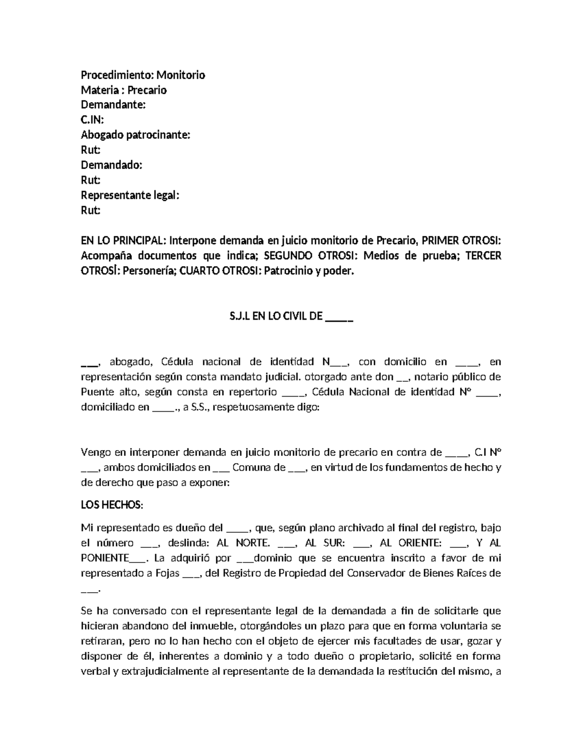 Demanda Monitorio Precario 2025 - Modelo y Procedimiento Legal - Studocu