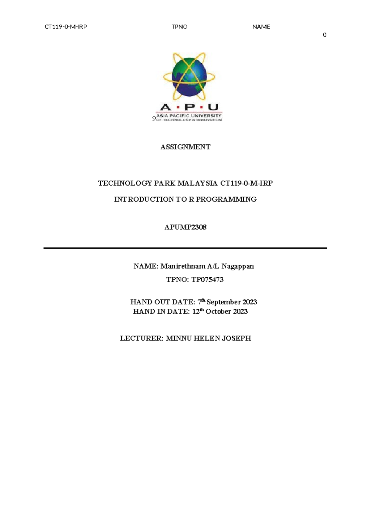 APUMP2308 R Programming Assignment: Technology Park Malaysia - Studocu