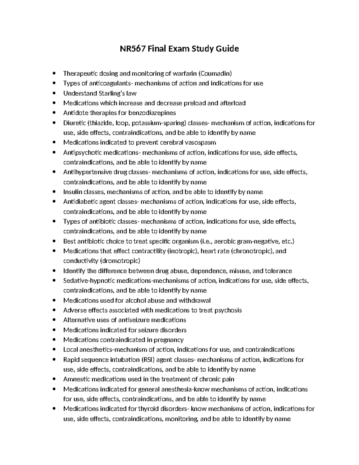 NR567 Final Exam Study Guide: Key Medications & Mechanisms - Studocu