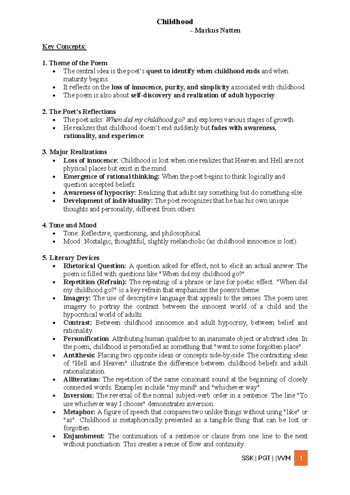 Grade 11 Eng: Key Concepts in Markus Natten's "Childhood" - Studocu