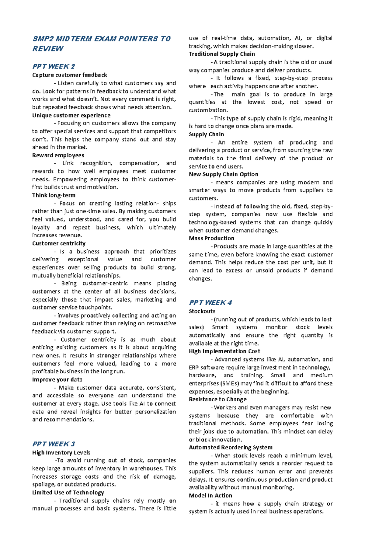 SMP2 MIDTERM EXAM REVIEW: Customer Centricity & Supply Chain Insights ...