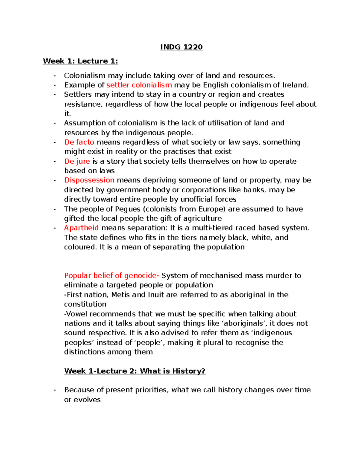 INDG 1220 - Week 1 & 2 Indigenous Studies Lecture Notes - Studocu