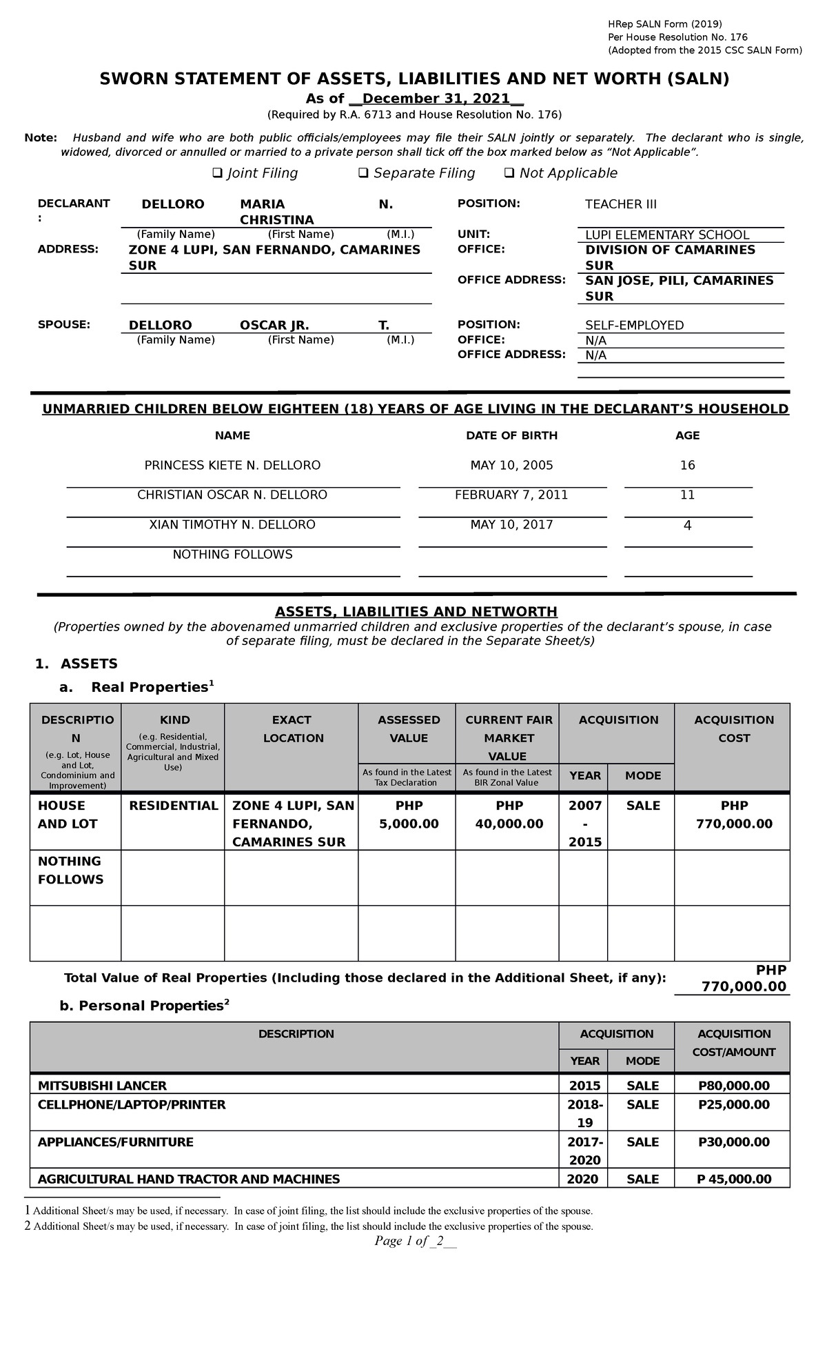 SWORN STATEMENT OF ASSETS, LIABILITIES AND NET WORTH (SALN) 2021 - Studocu