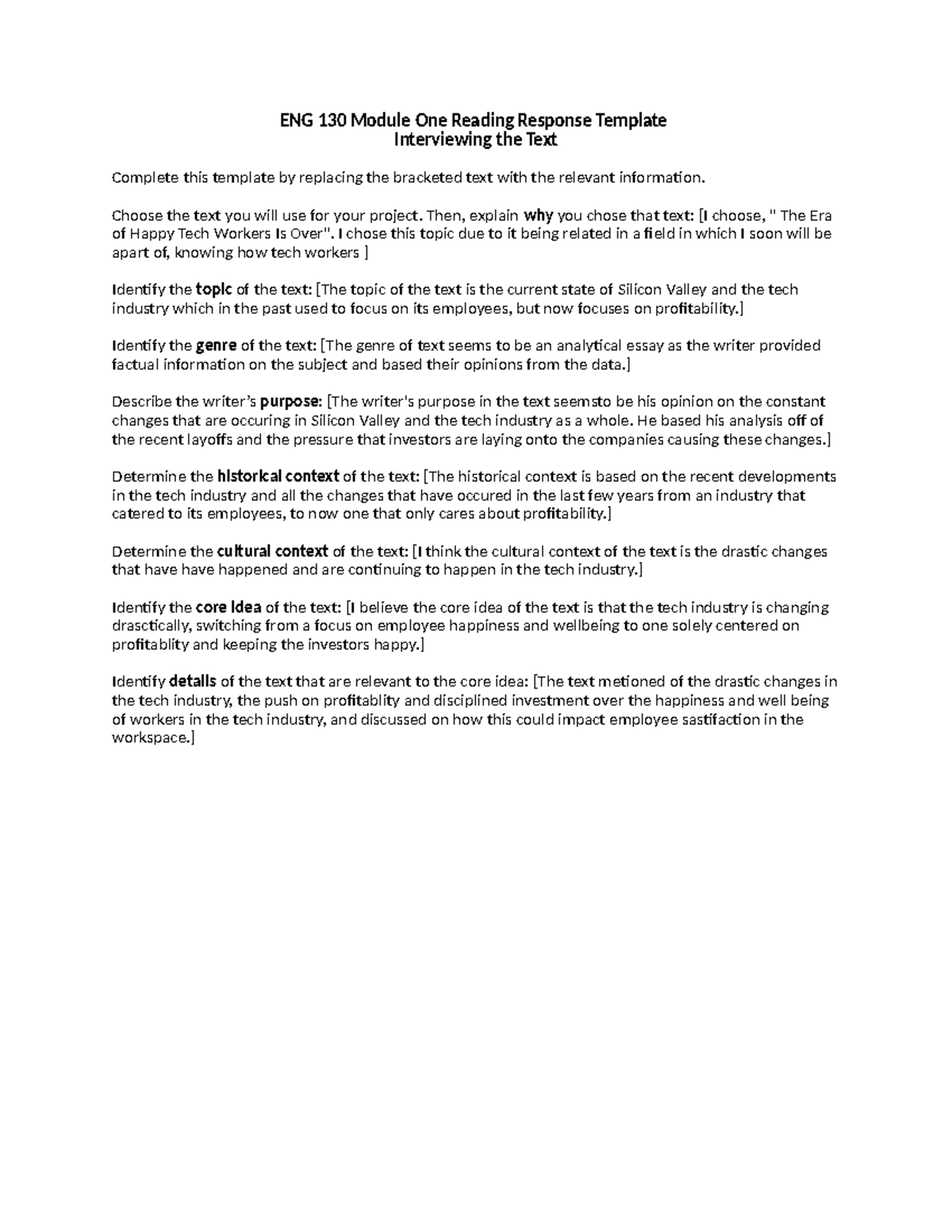 ENG 130 Module One: Reading Response Template on Tech Industry Changes ...