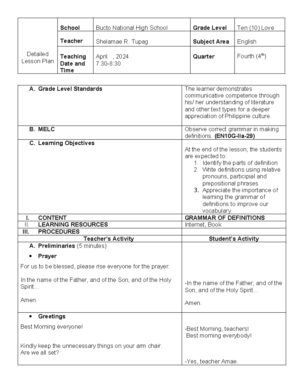 DLP 10 - Lesson Plan on Relative Pronouns and Definitions - Studocu