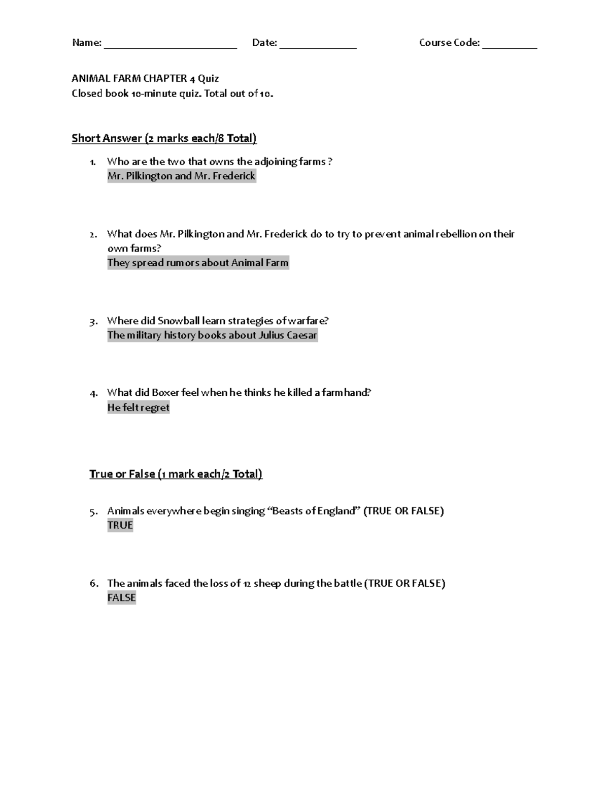 Animal FARM Chapter 4 Quiz - Name: ________________________ Date ...