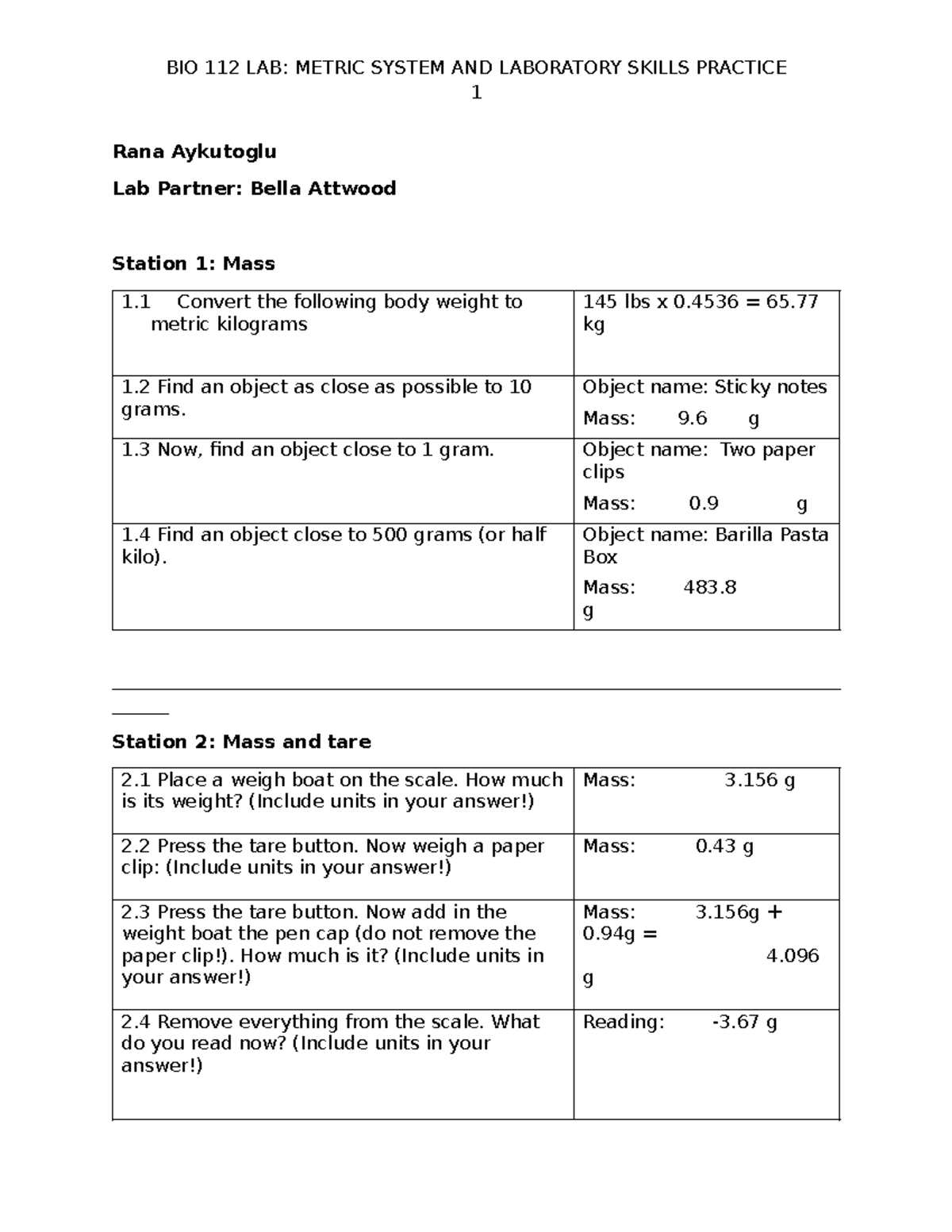 BIO 112 LAB: Metric System & Lab Skills Practice 1 - Studocu