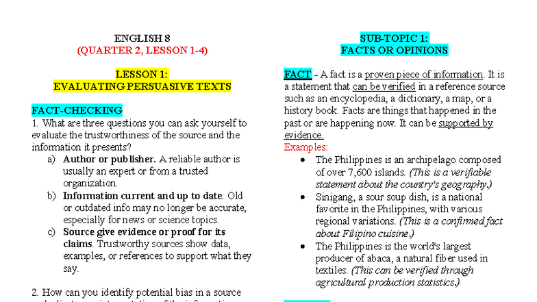 ENGLISH 8 (QUARTER 2, LESSONS 1-4): EVALUATING PERSUASIVE TEXTS - Studocu