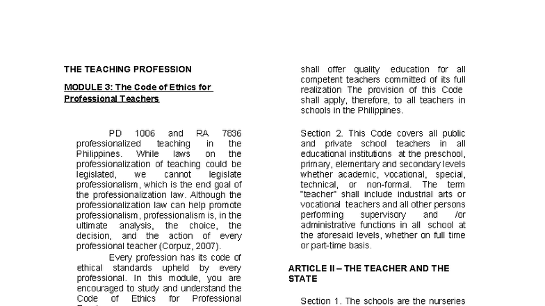 Teaching Profession Module 3: Code of Ethics for Teachers PD 1006 & RA ...