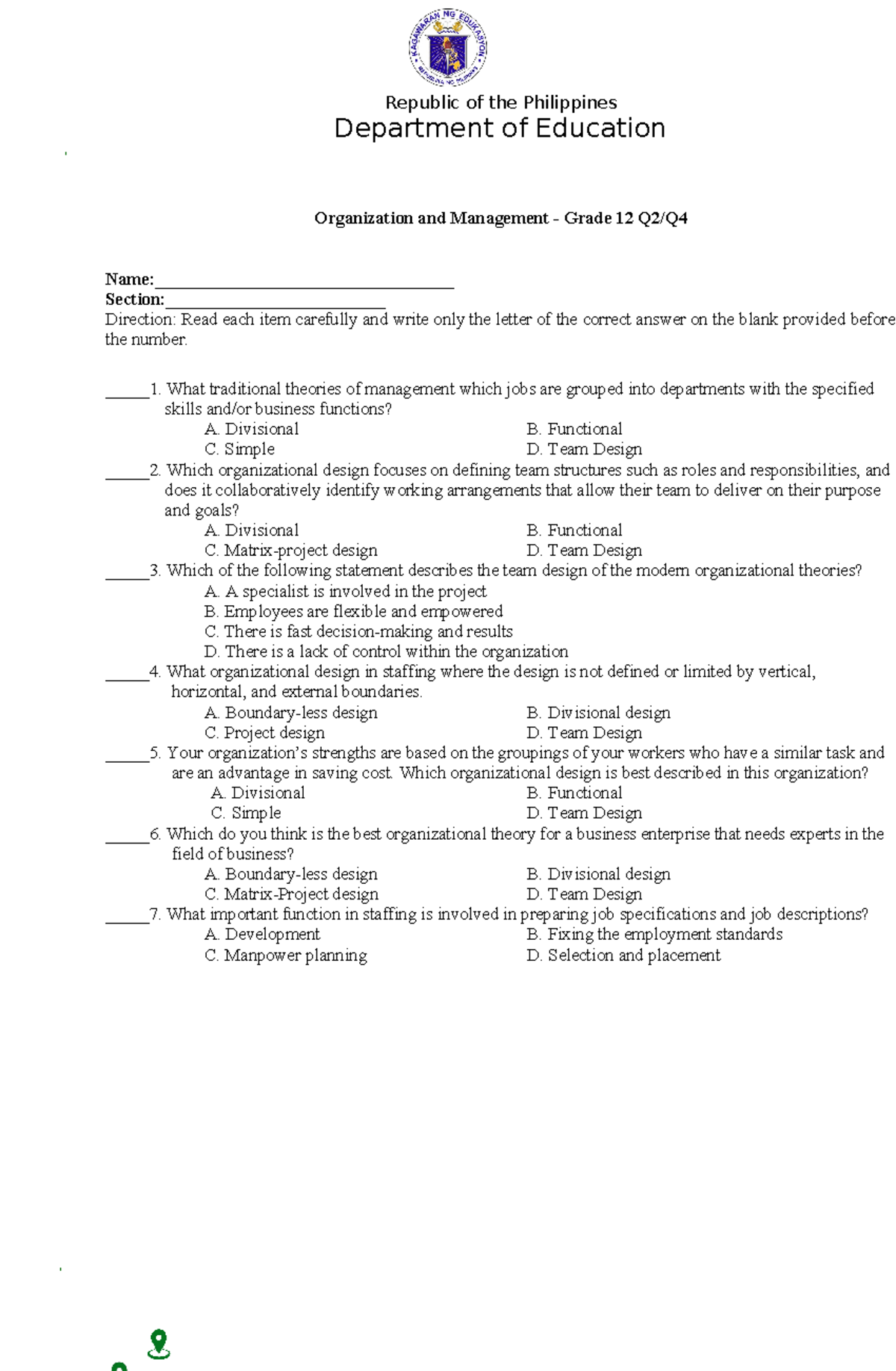 Grade 12 Organization and Management Q2/Q4 Test Review - Studocu