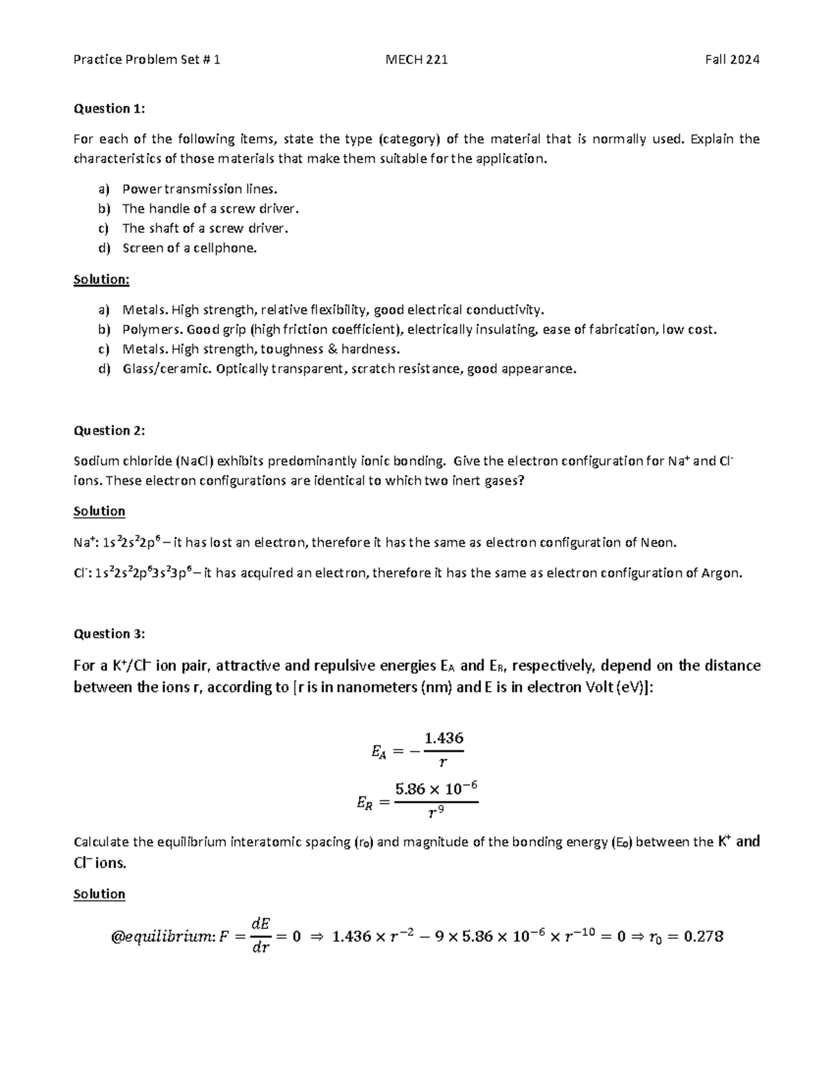 Practice problem set - Practice Problem Set # 1 MECH 221 Fall 2024 Question 1: For each of the ...