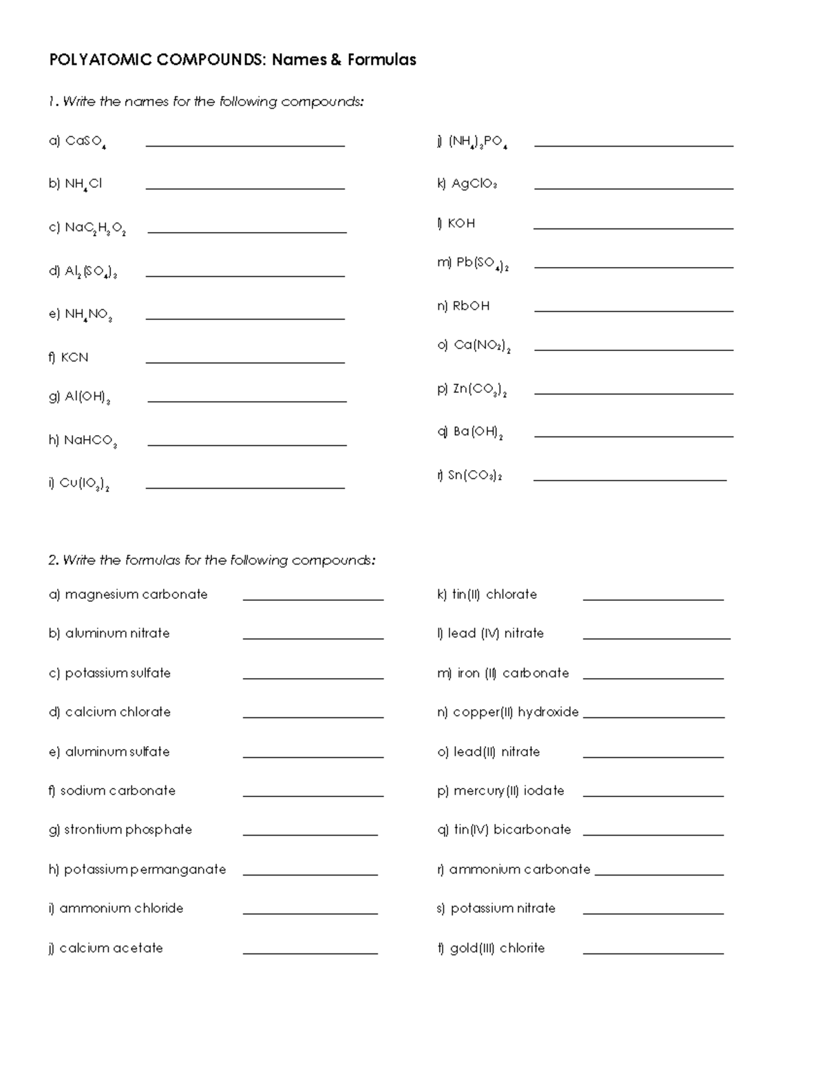 Formulas With Polyatomic Ions Worksheet