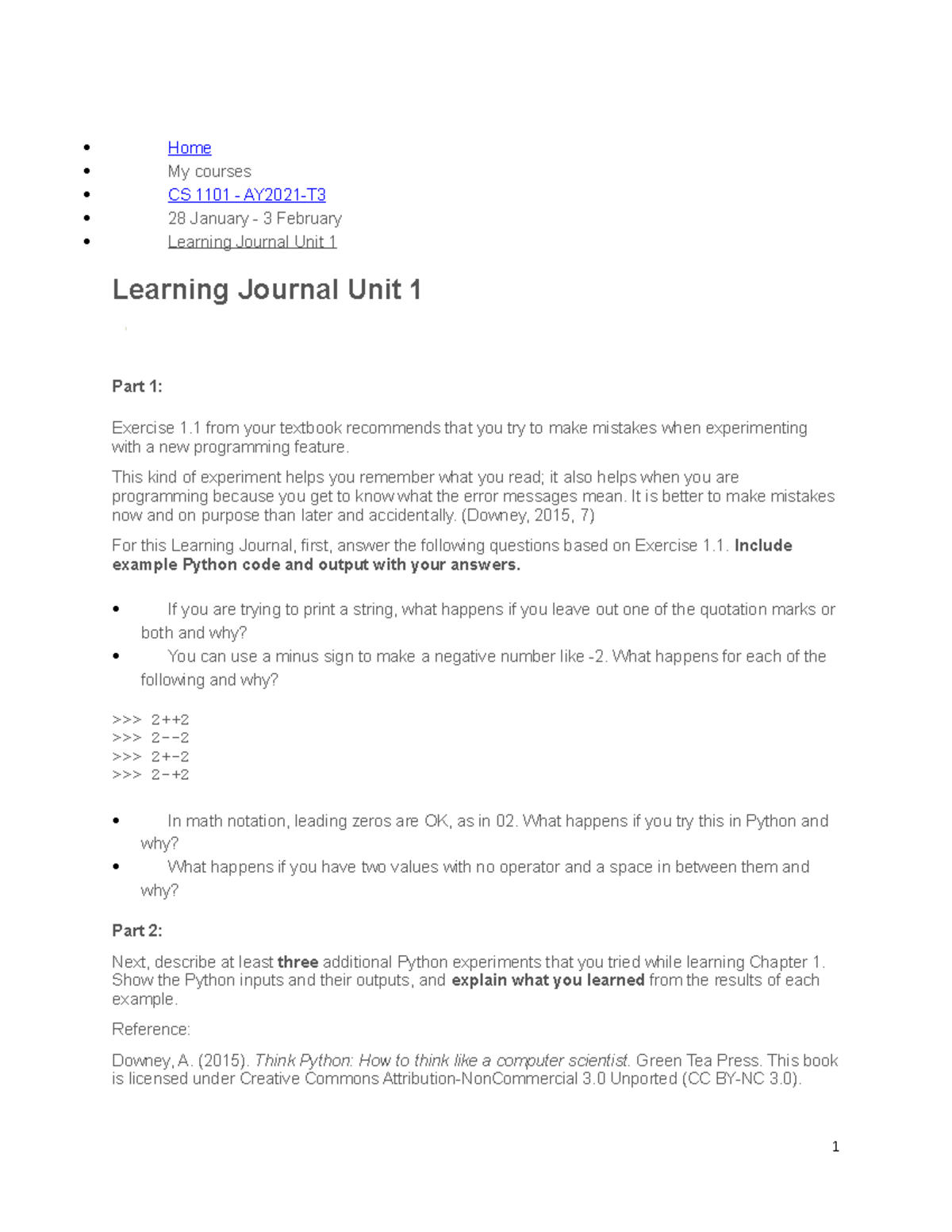 CS 1101 Learning Journal: Insights from Unit 1 Experiments - Studocu