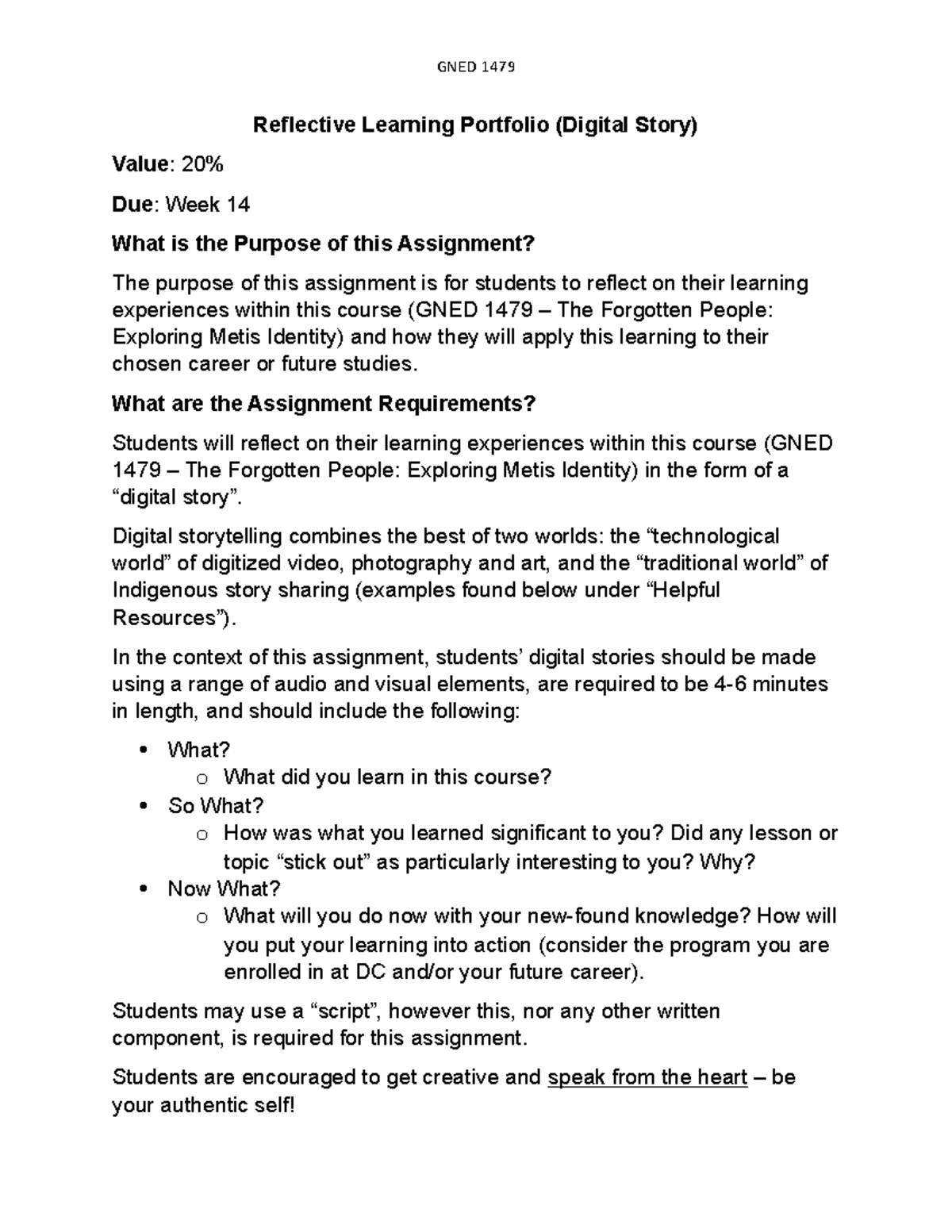 Reflective Learning Portfolio: Digital Story for GNED 1479 - Studocu