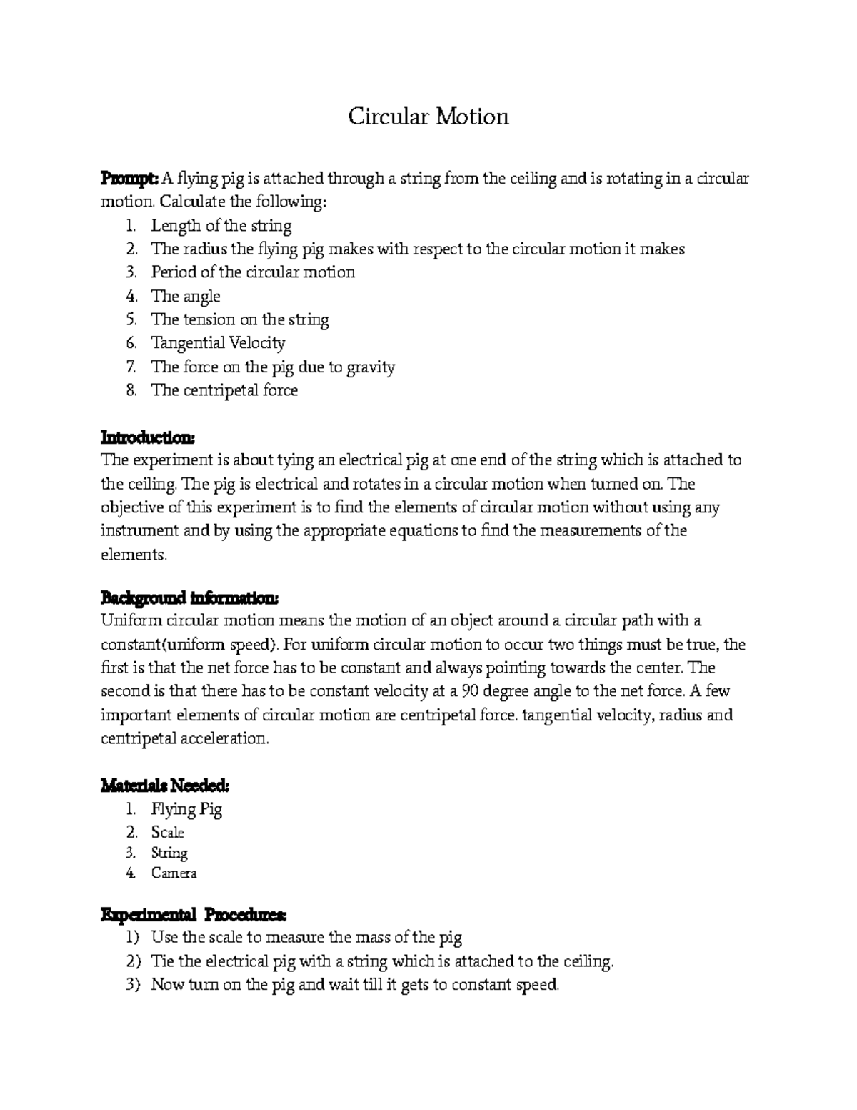 Circular Motion Study: Flying Pig Experiment Analysis - Studocu