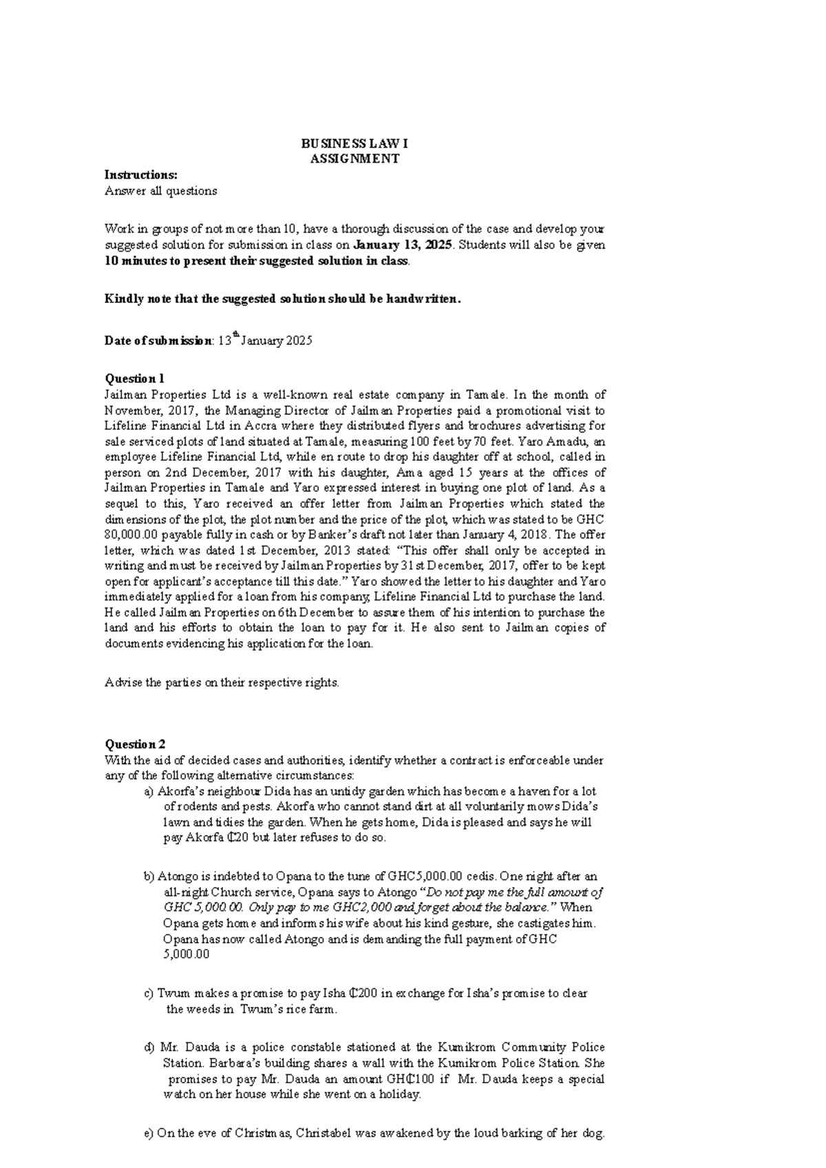 Assignments - IS GOOD TO KNOW - BUSINESS LAW I ASSIGNMENT Instructions ...