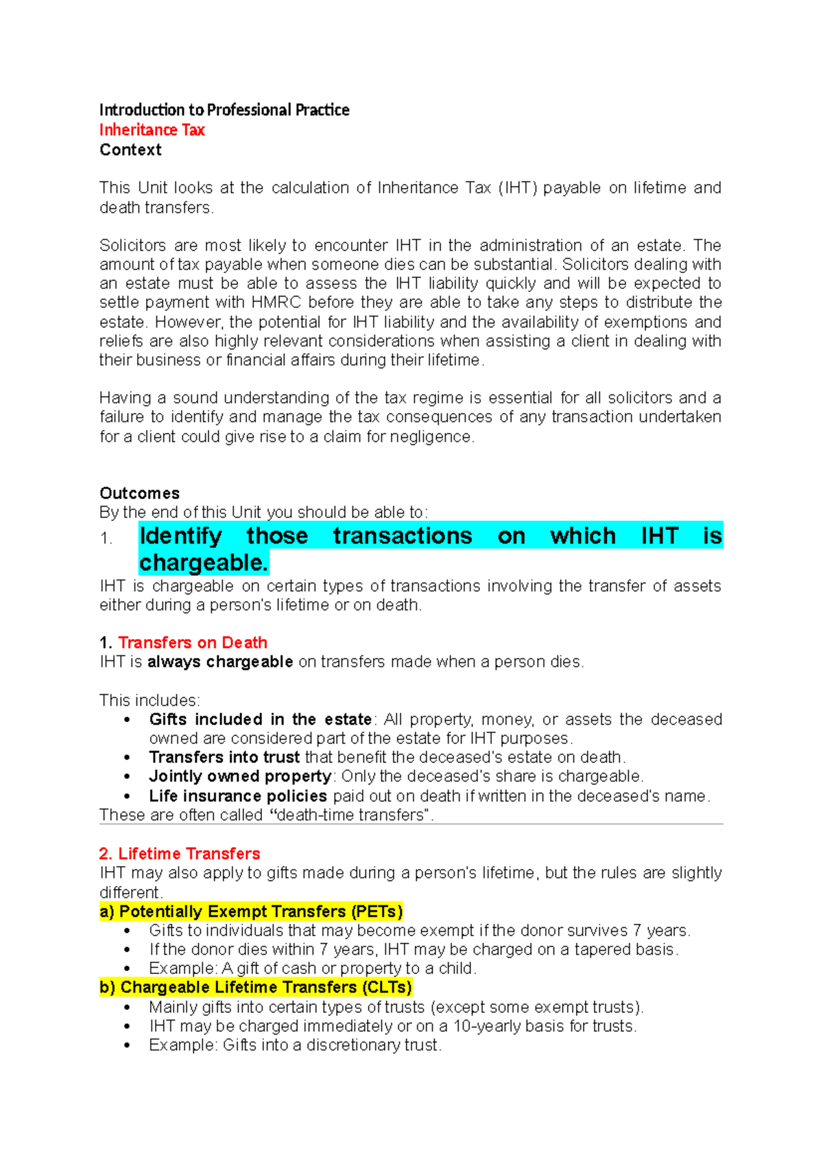 Inheritance Tax (IHT) Calculations: Lifetime & Death Transfers - Studocu