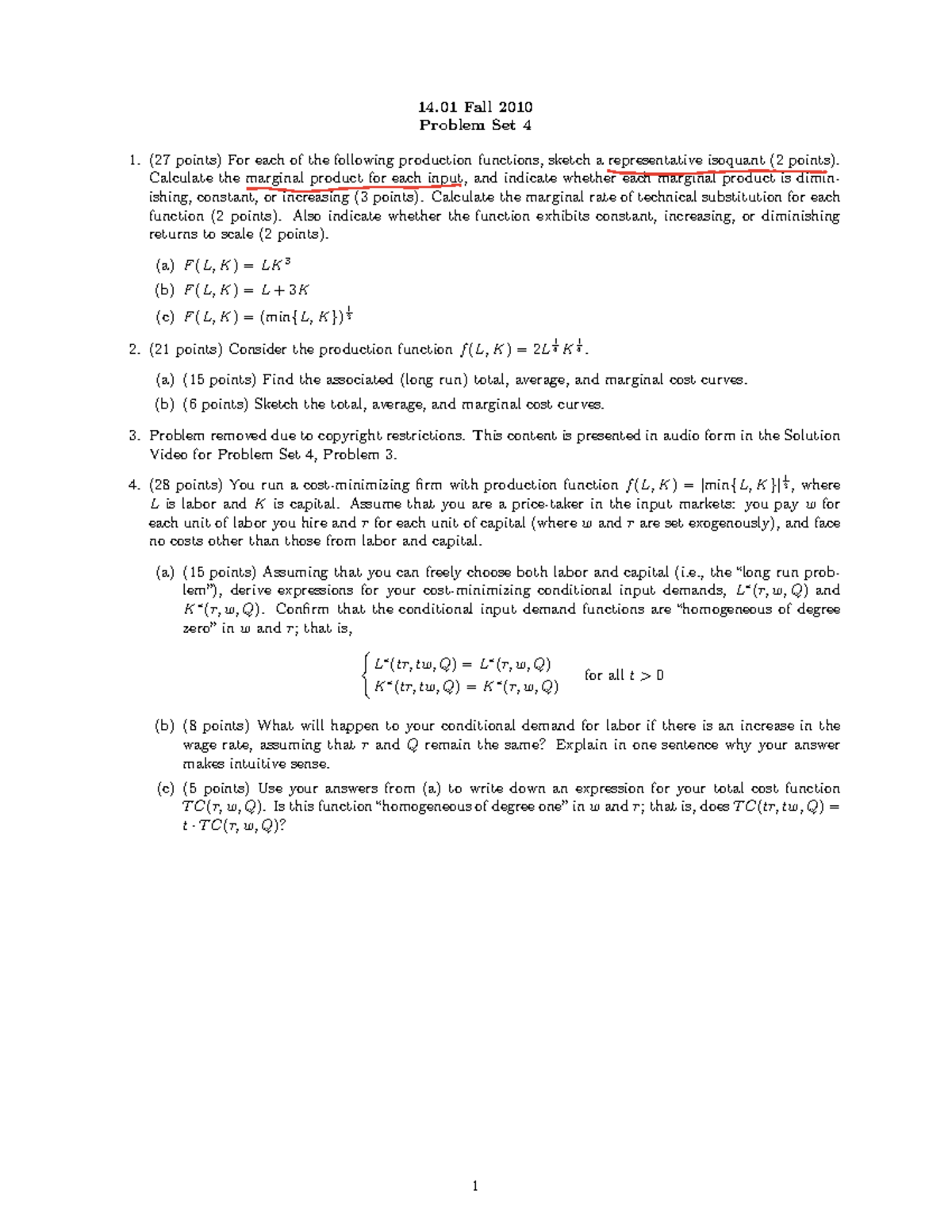 14.01 Fall 2010 Problem Set 4: Production Functions & Cost Curves - Studocu