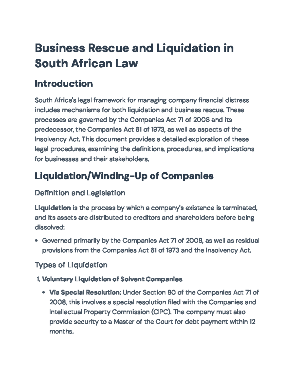 Business Rescue vs Liquidation: Analysis of SA Law Mechanisms - Studocu