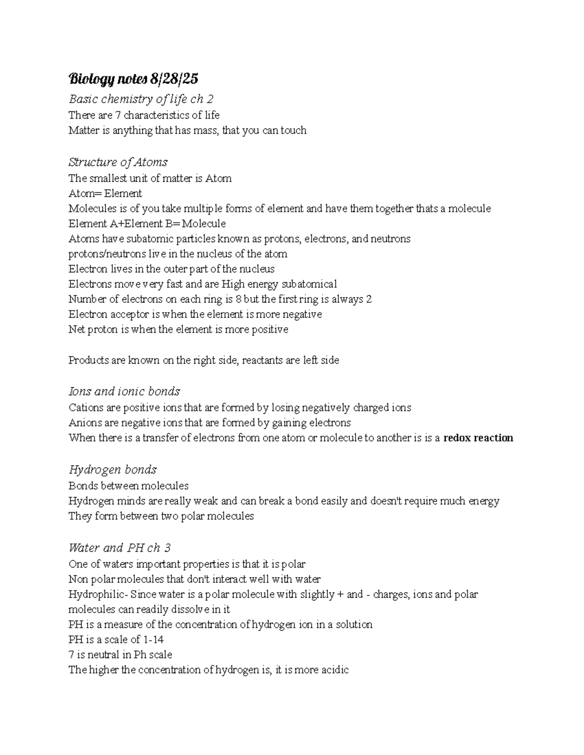 Biology Notes: Basic Chemistry of Life (Ch 2) Overview - Studocu
