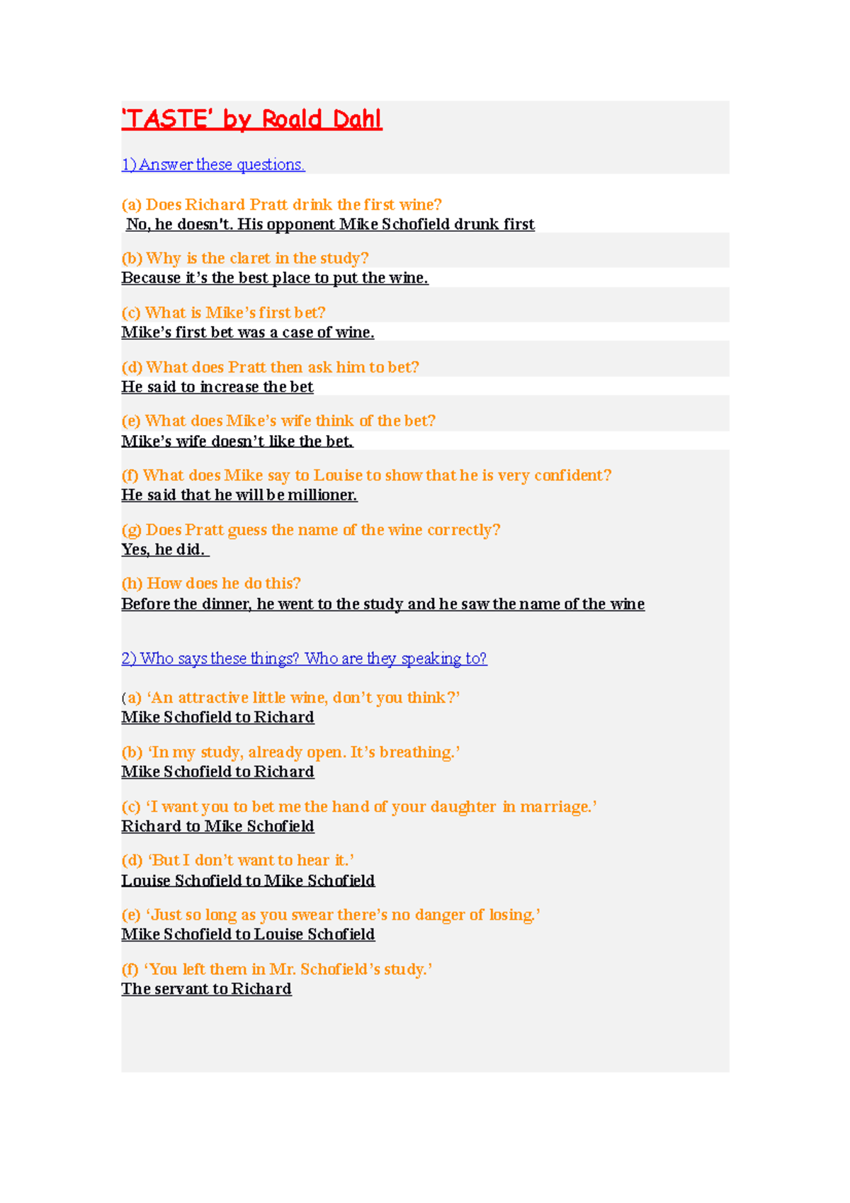 TASTE by Roald Dahl - Questions & Analysis Guide - Studocu