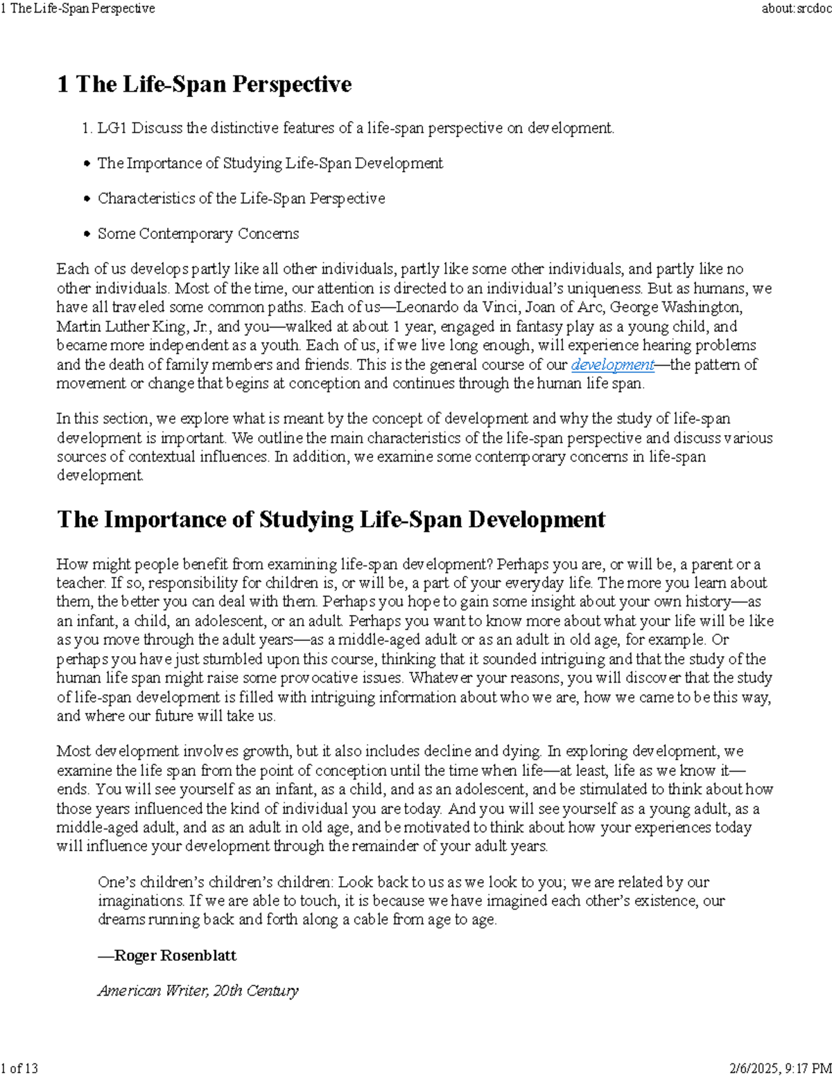 Life-Span Development: Exploring Biological, Cultural, and Individual Factors - 1 The Life-Span ...