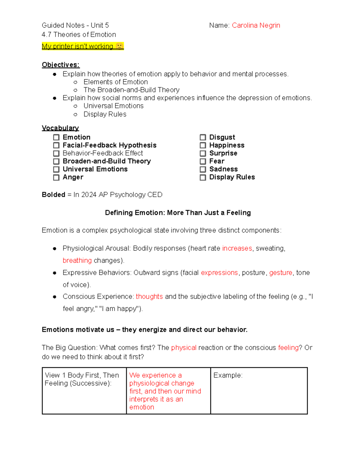 4.7 Theories of Emotion: Guided Notes for AP Psychology - Studocu