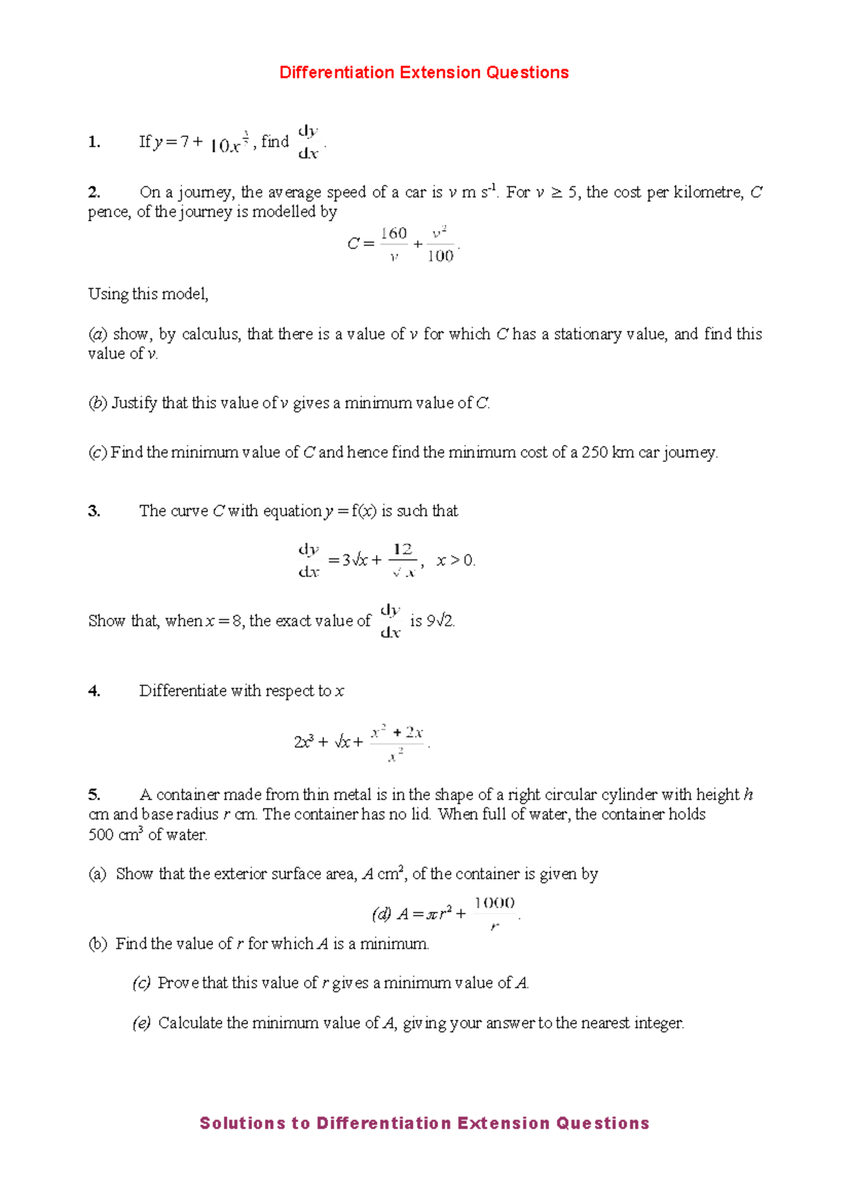 Differentiation Extension Questions Solutions for Calculus 101 - Studocu