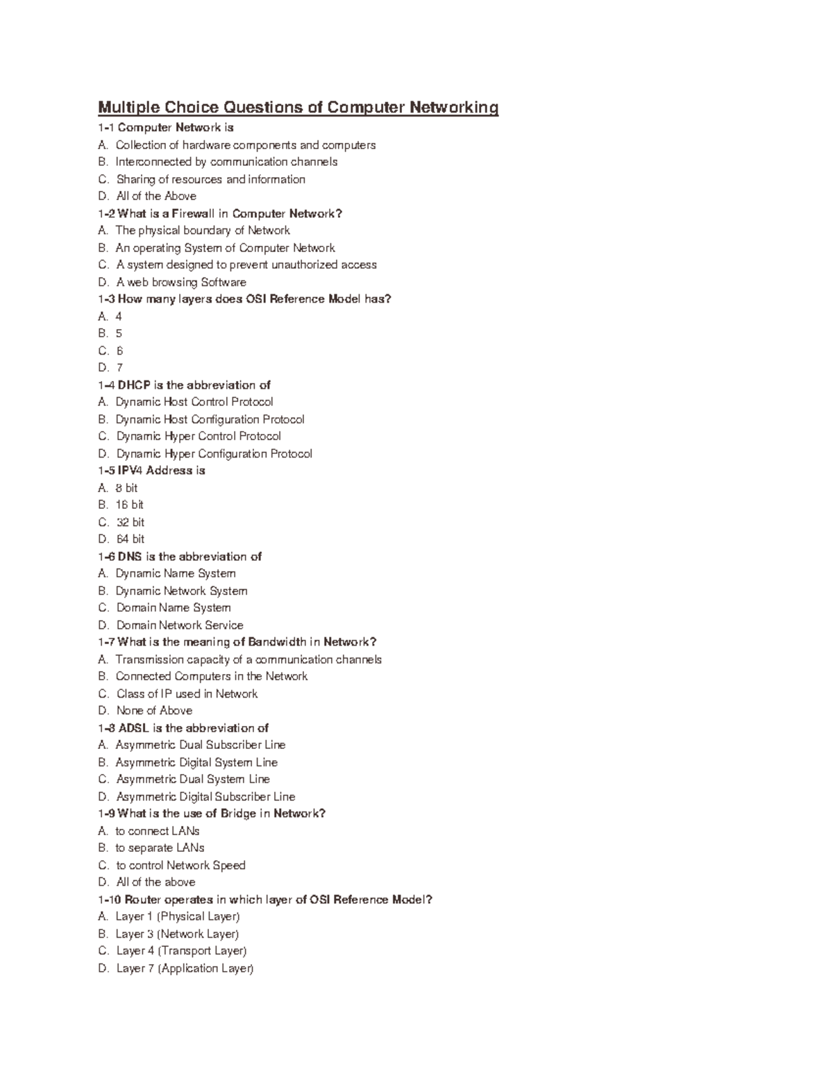 Network-mcq - MCQ questions for computer networks - Multiple Choice Questions of Computer ...