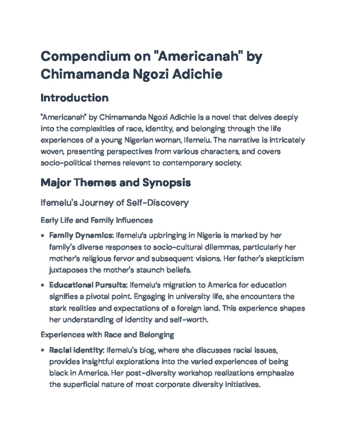 Final Exam Notes on 'Americanah' (ENG101) - Themes & Techniques ...