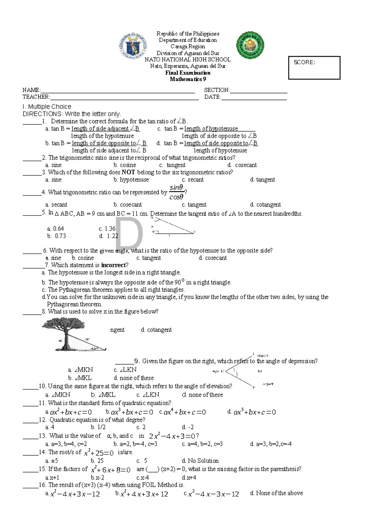 Final Exam Mathematics 9 - Trigonometry and Quadratic Equations - Studocu