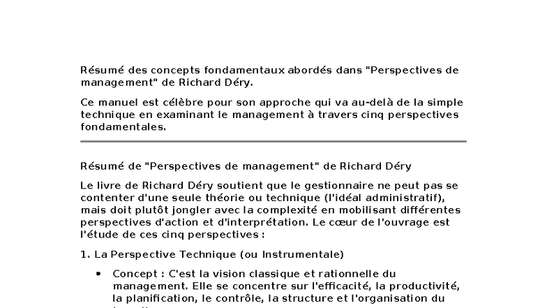 Résumé des Perspectives Fondamentales en Management - Cours de Richard ...