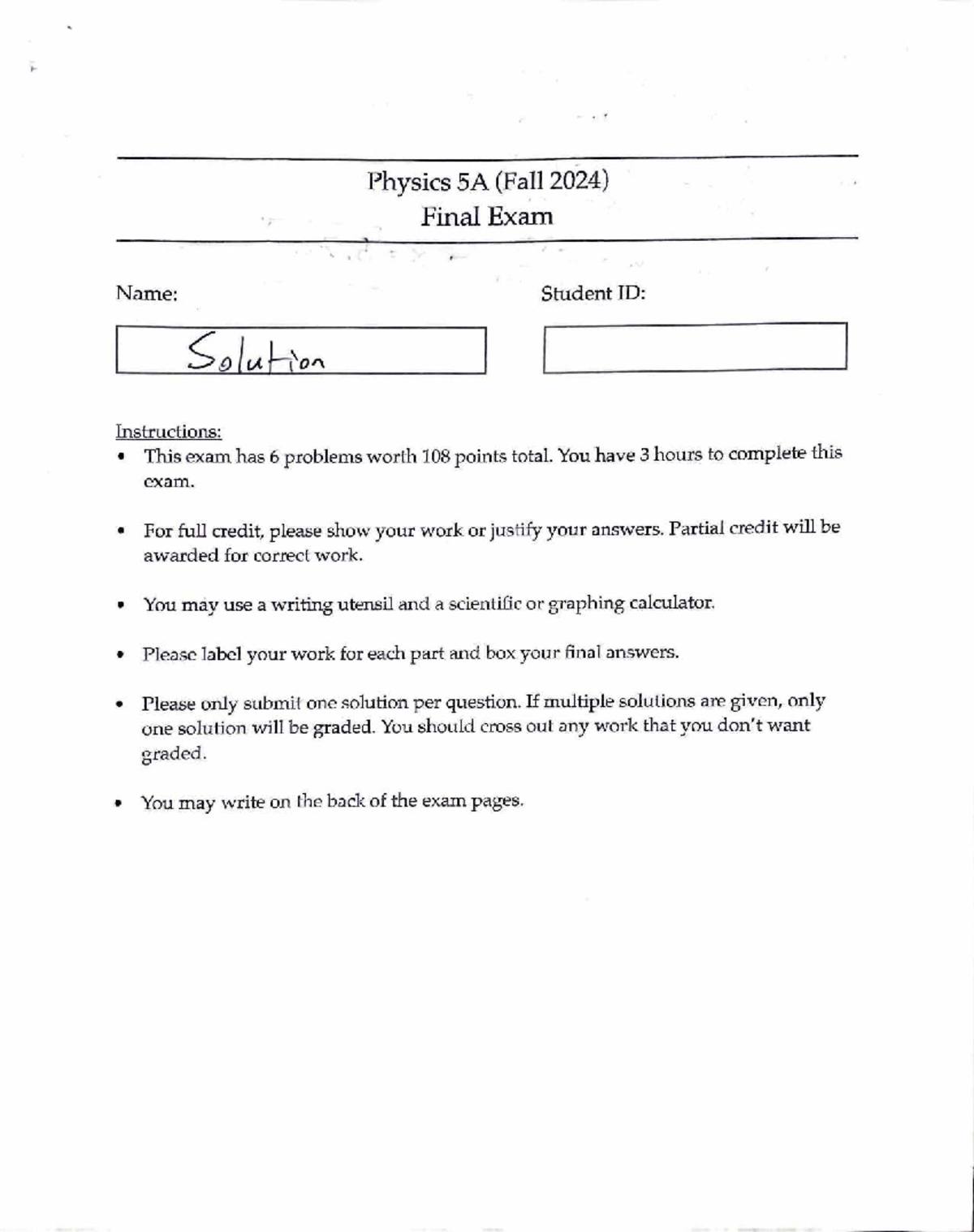 Physics 5A (Fall 2024) Final Exam Practice Test C Solutions - Studocu