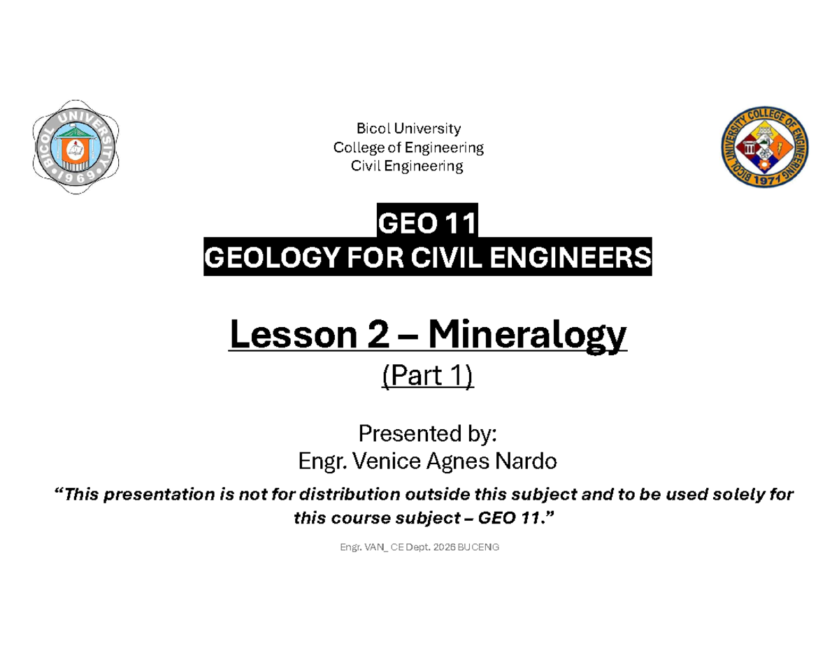 BSCE GEO 11 Geology Lesson 2: Introduction to Mineralogy (Part 1) - Studocu