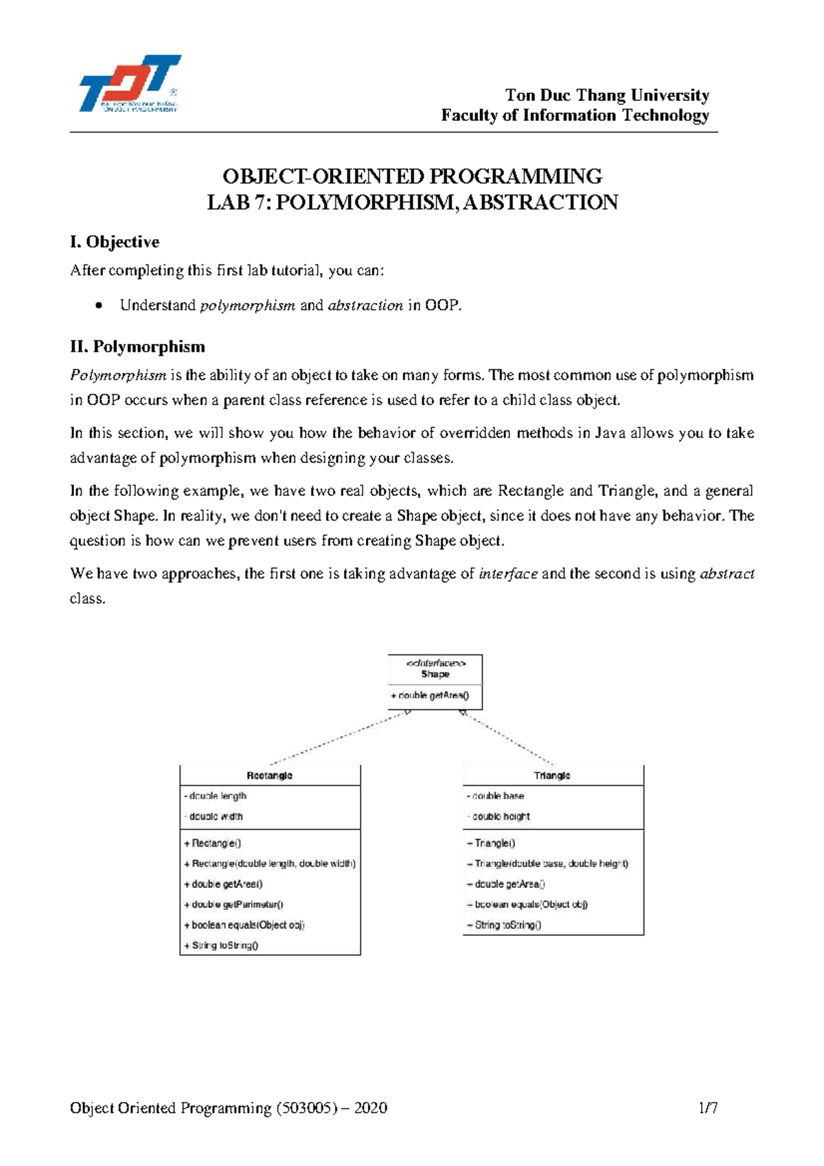 Lab 7: Polymorphism & Abstraction in OOP (503005) - Studocu