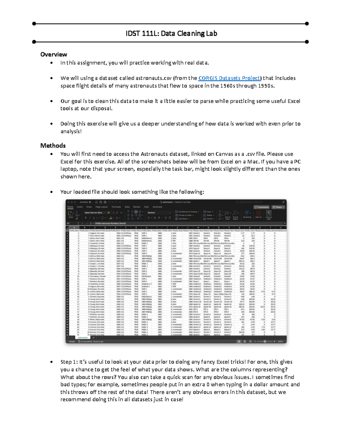 IDST 101 Data Cleaning Lab: Astronauts Dataset Overview - Studocu