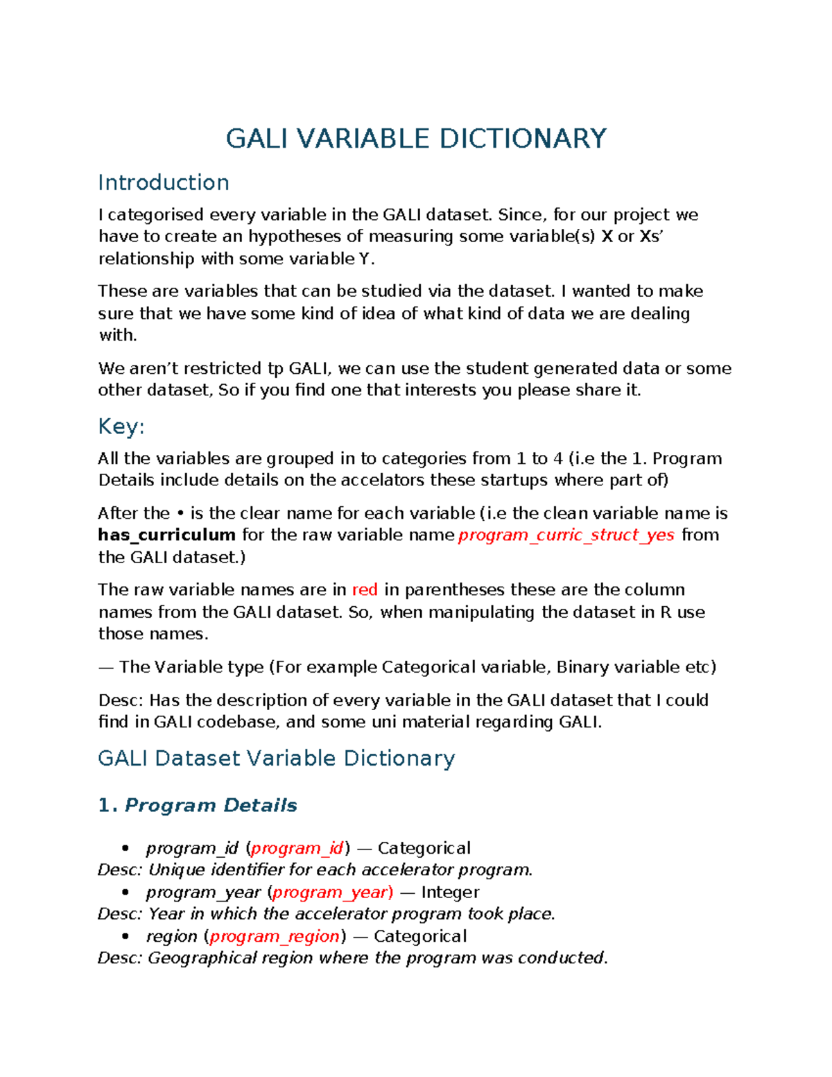 GALI Variable Dictionary for Dataset Analysis and Research - Studeersnel
