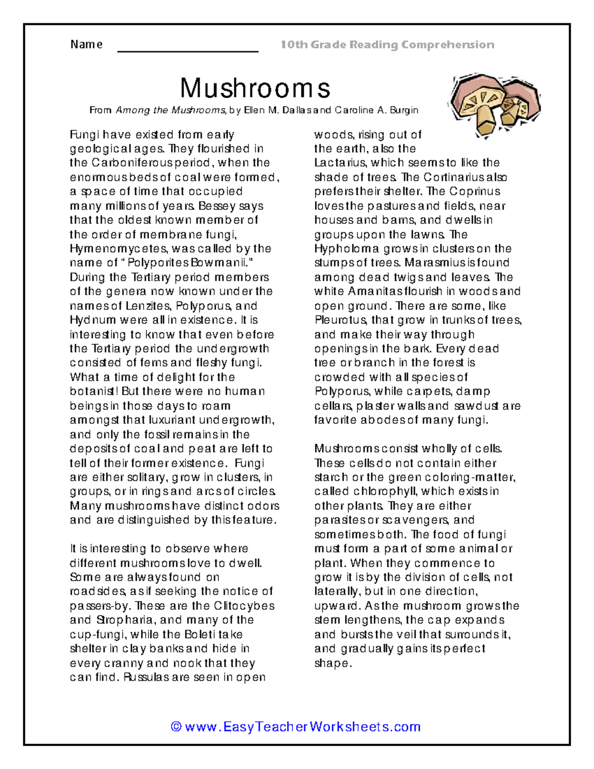 Mushrooms - Studies - Name 10th Grade Reading Comprehension ...