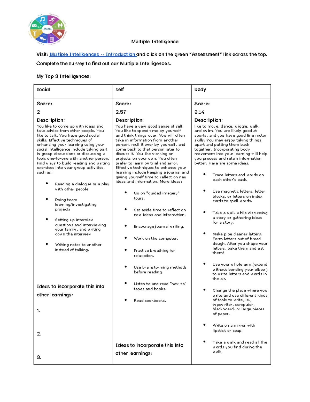 Multiple Intelligence Work Sheet (Repaired) - Multiple Intelligence ...