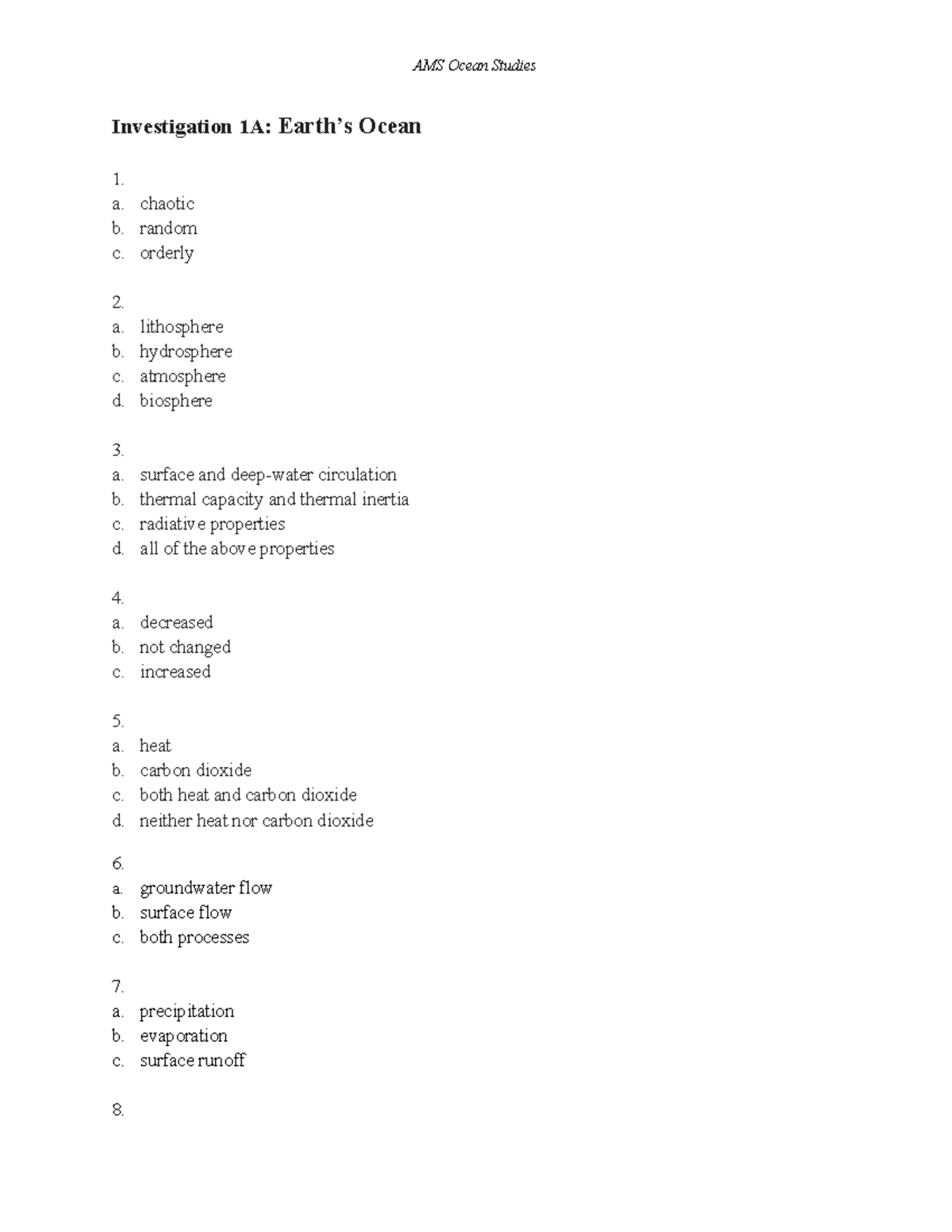 AMS Ocean Studies - Investigation 1A: Answer Sheet Response - Studocu