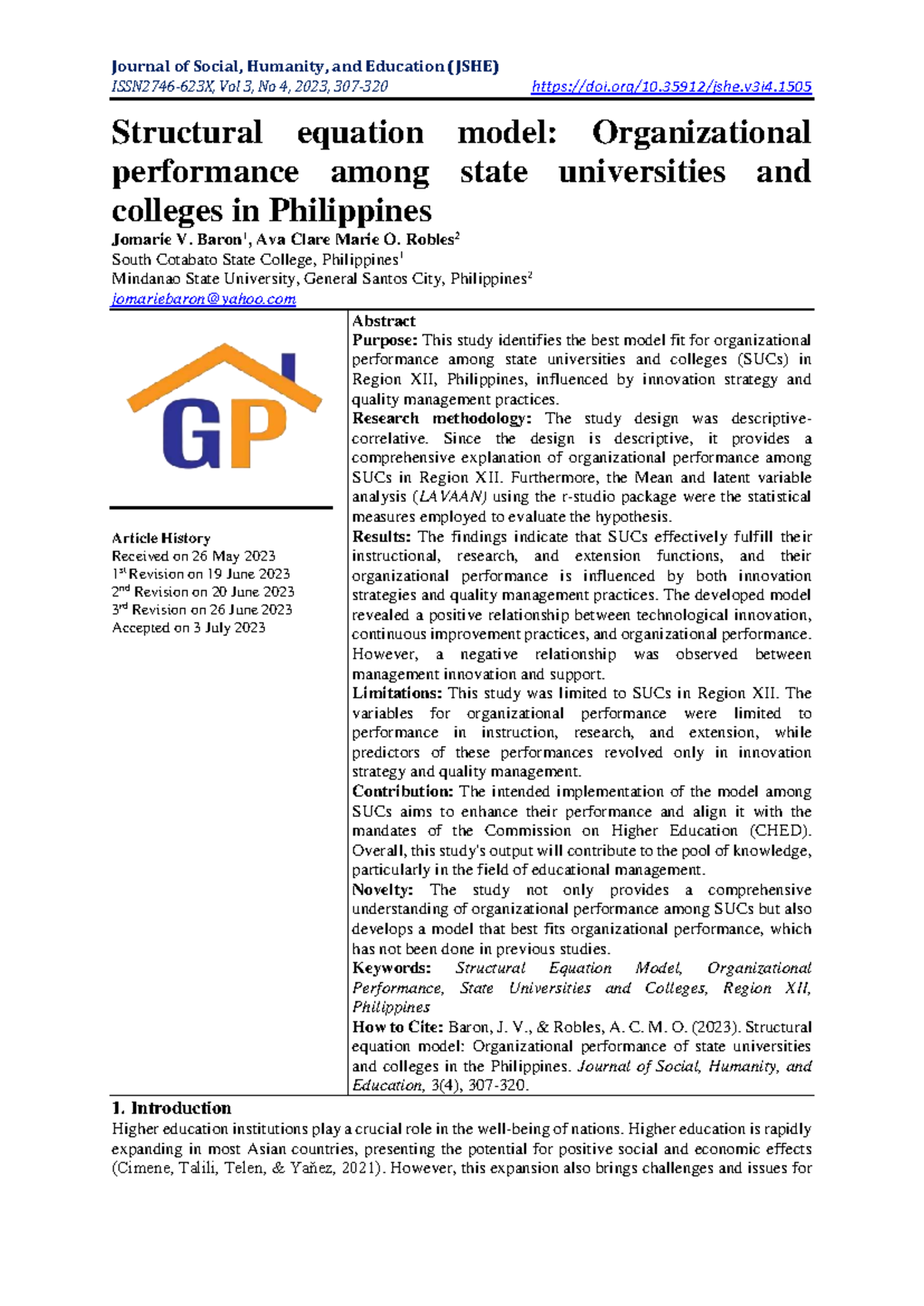 Structural Equation Model: Org Performance in SUCs (JSHE Vol 3, No 4 ...