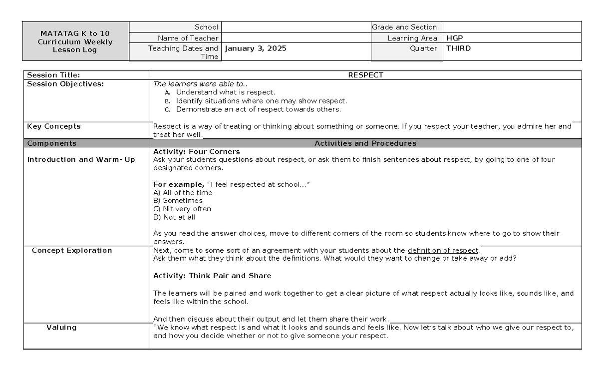 HGP K to 10 Weekly Lesson Log: Understanding Respect - Jan 3, 2025 ...