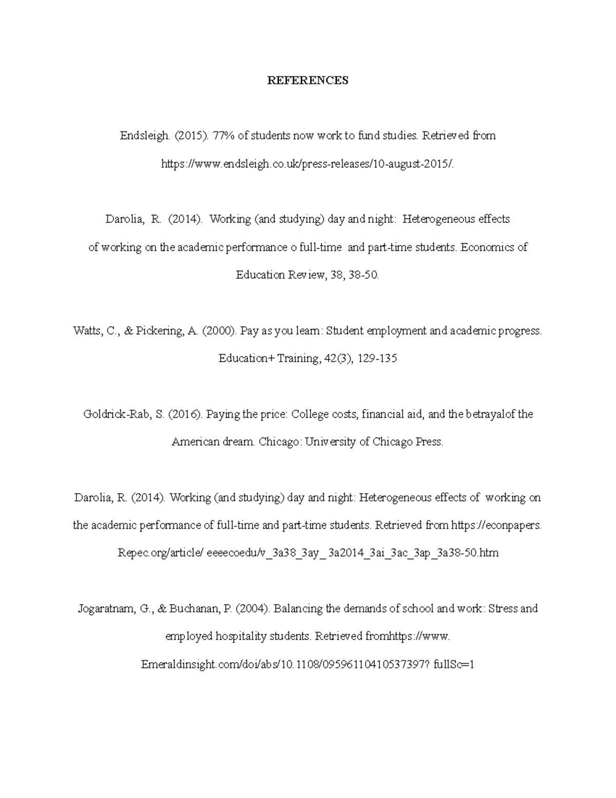 References for Student Employment and Academic Performance Studies ...