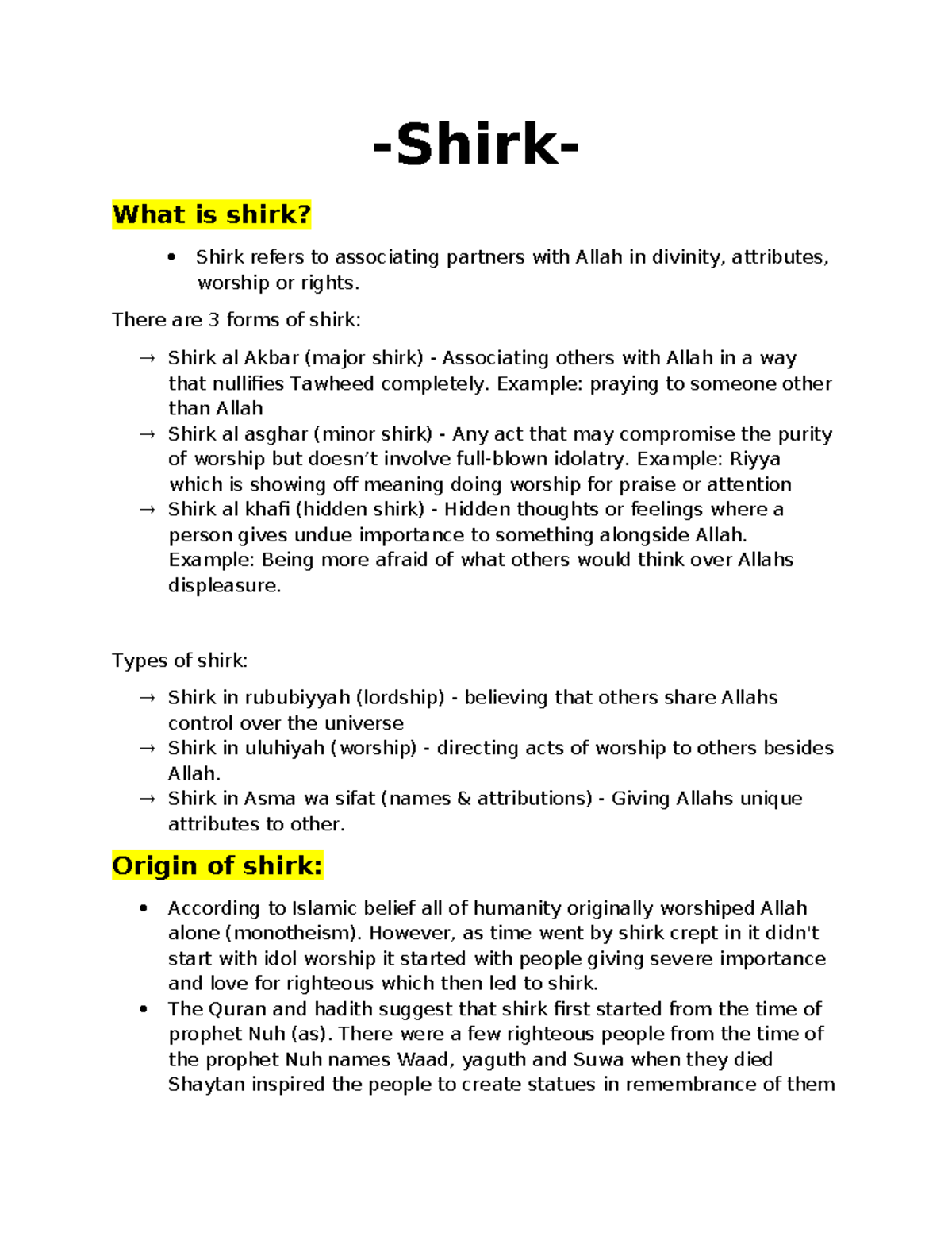 Understanding Shirk: Types, Origins, and Significance in Islam - Studocu