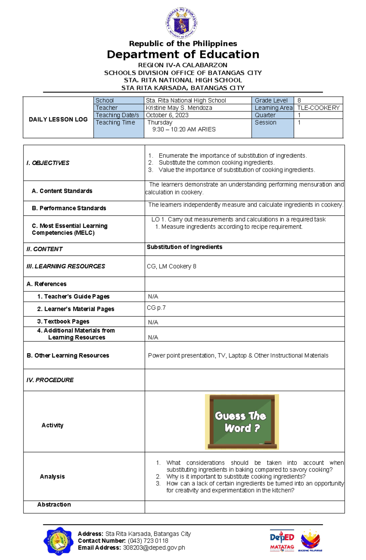 DLP1.24-Daily Lesson Log: Importance of Substituting Ingredients in TLE ...