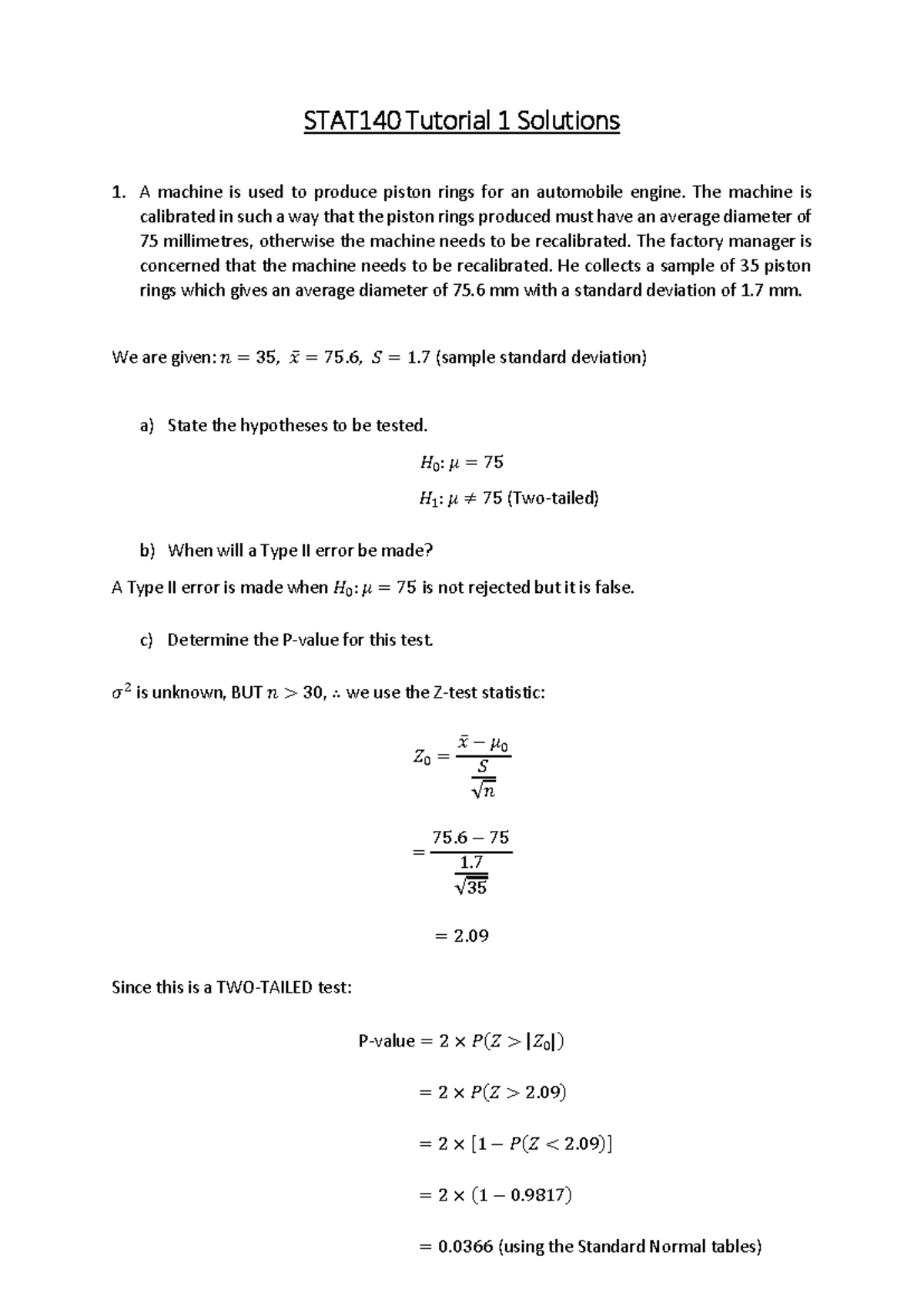 STAT140 Tutorial 1 Solution Set: Hypothesis Testing Analysis - Studocu