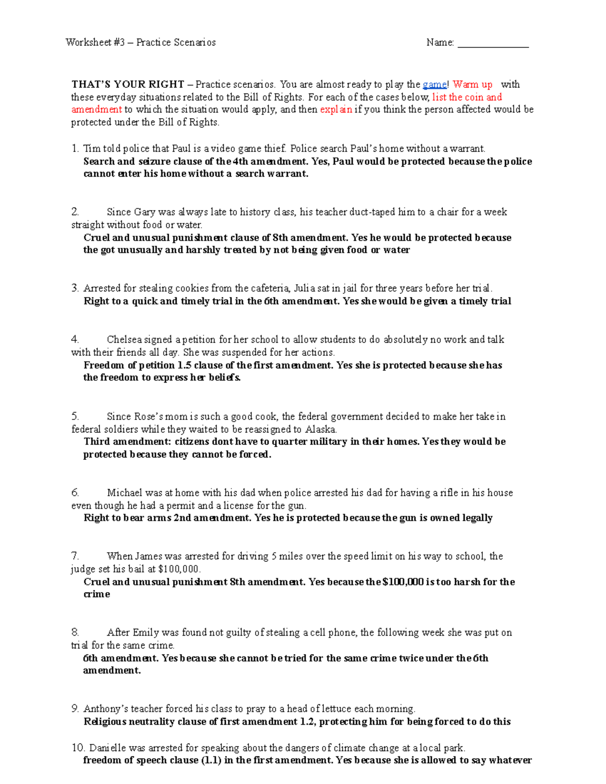 Bill of Rights Practice Scenarios - Worksheet #3 - Studocu