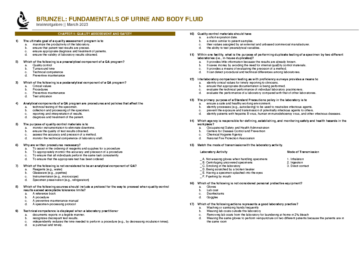 Brunzel: QA & Assessment Guide for Urine & Body Fluids (March 2023) - Studocu